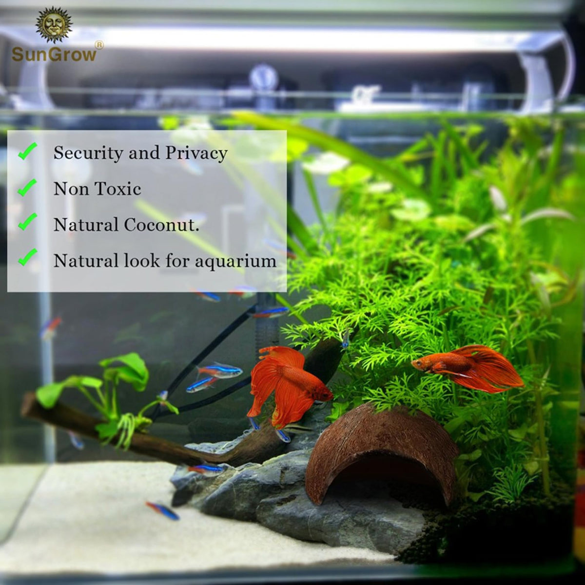 SunGrow Betta Fish Cave, Habitat Made from Coconut Shell, Soft-Textured ...